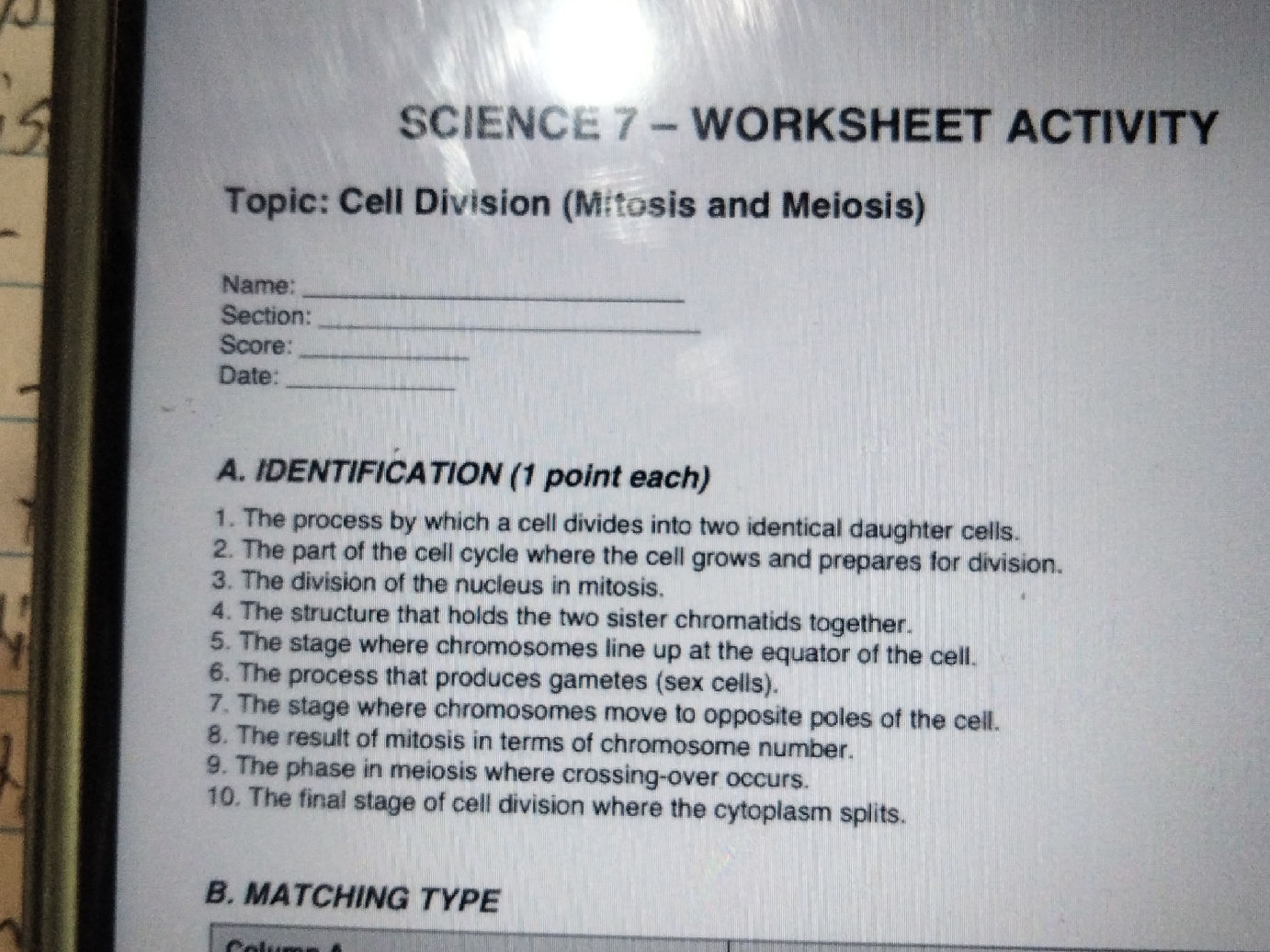 SCIENCE 7 – WORKSHEET ACTIVITY Topic: Cell | StudyX