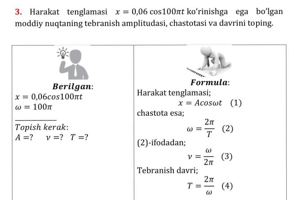 Harakat tenglamasi $x = 0,06 cos100πt$ | StudyX