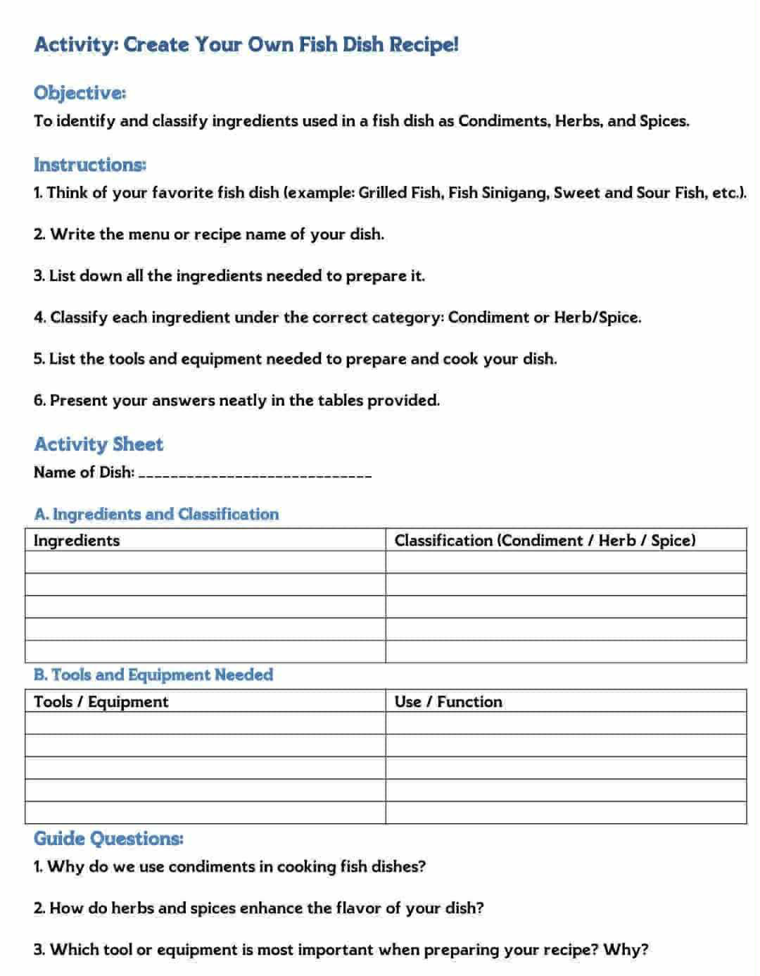 Activity: Create Your Own Fish Dish Recipe! | StudyX