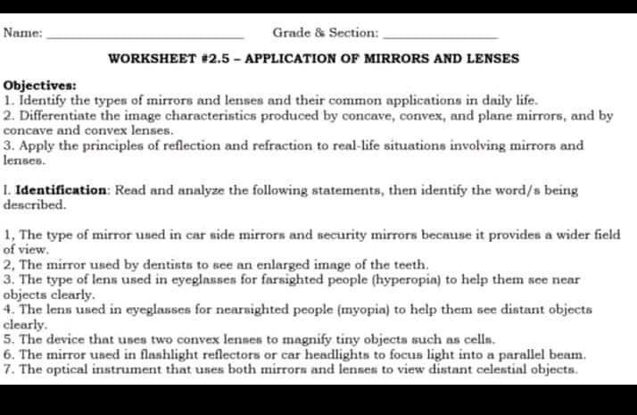 Objectives: 1. Identify the types of mirrors | StudyX