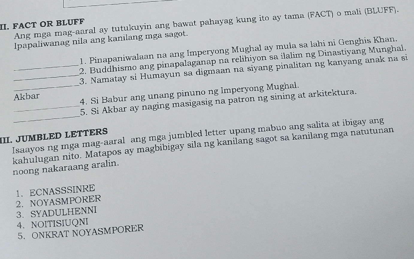 III. JUMBLED LETTERS Isaayos ng mga | StudyX