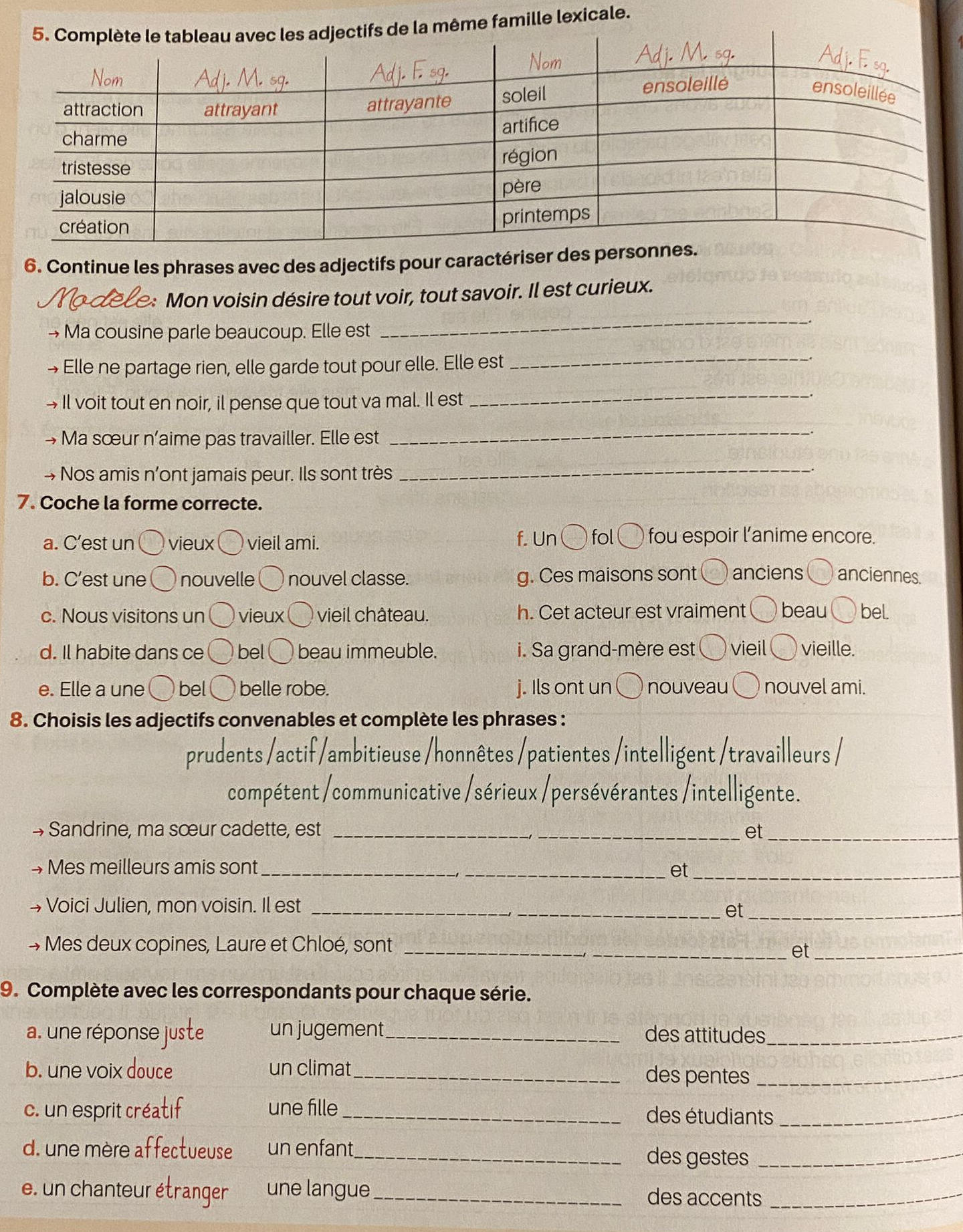 5. Complète le tableau avec les adjectifs de | StudyX