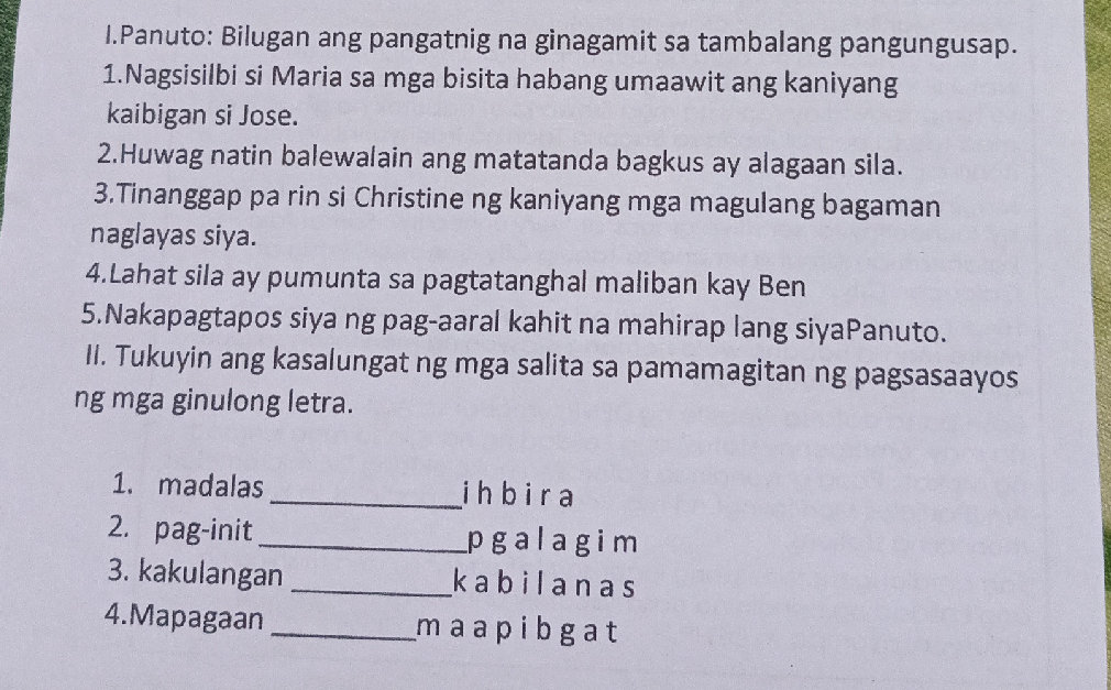 I. Panuto: Bilugan ang pangatnig na | StudyX