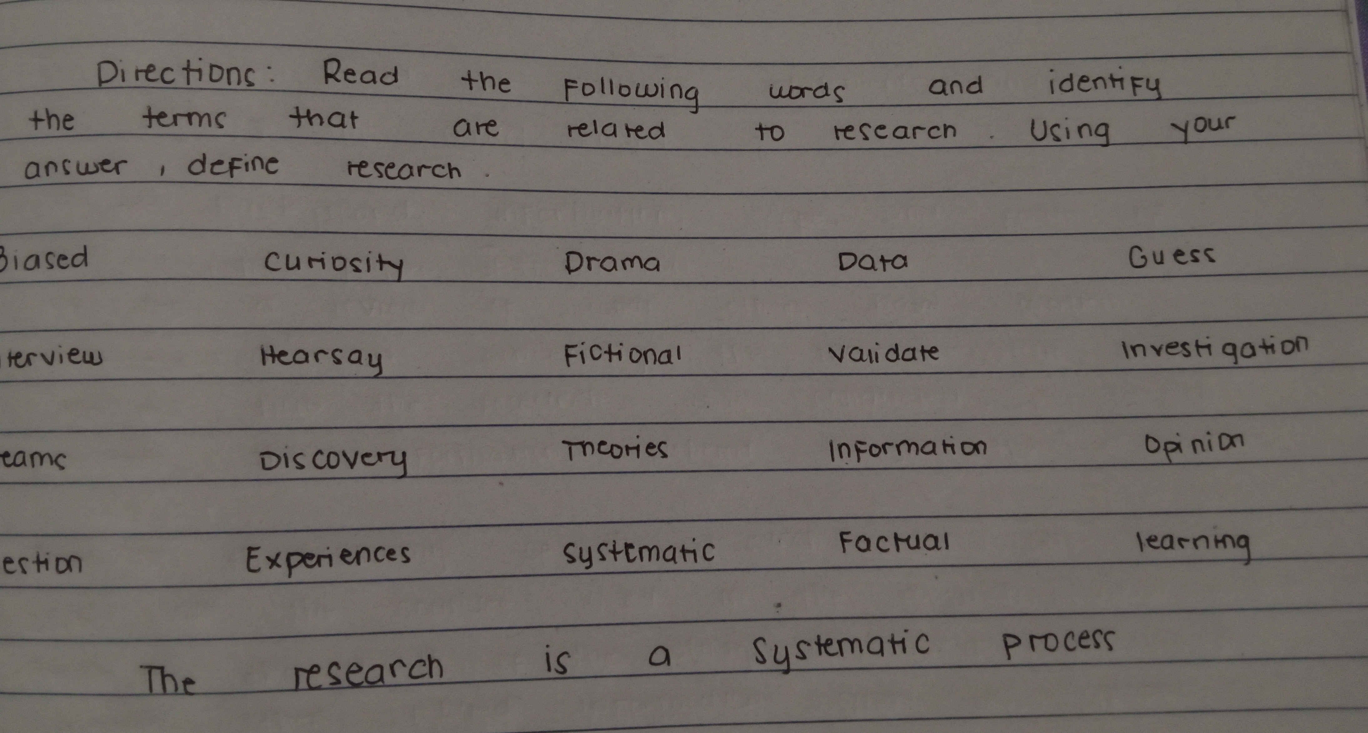 Directions Read the Following words and | StudyX