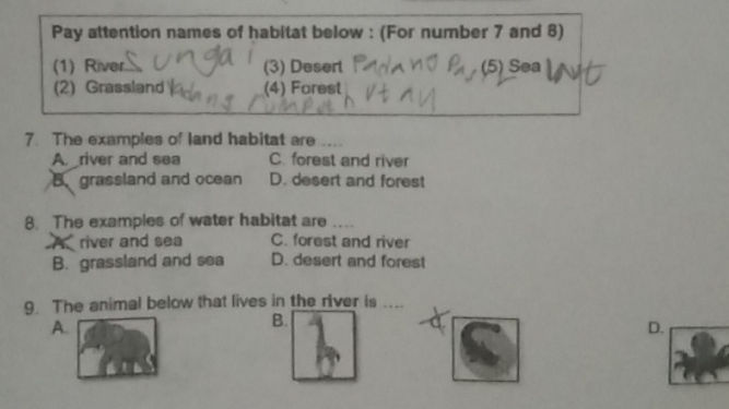 7. The examples of land habitat are..... A. | StudyX