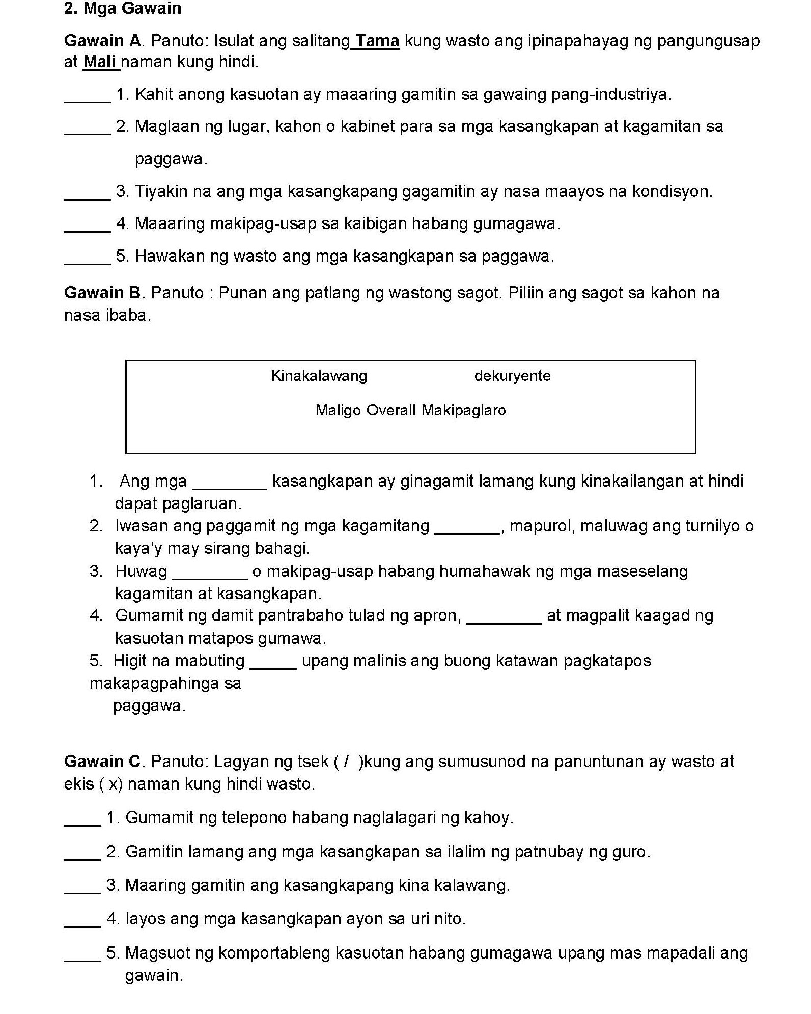 Gawain A. Panuto: Isulat ang salitang Tama | StudyX