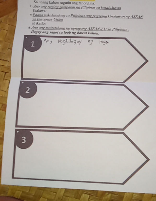 Sa unang kahon sagutin ang tanong na: 1. Ano | StudyX