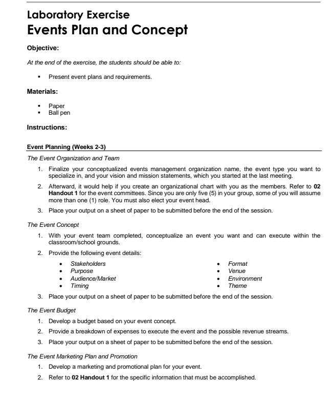 Laboratory Exercise Events Plan and Concept