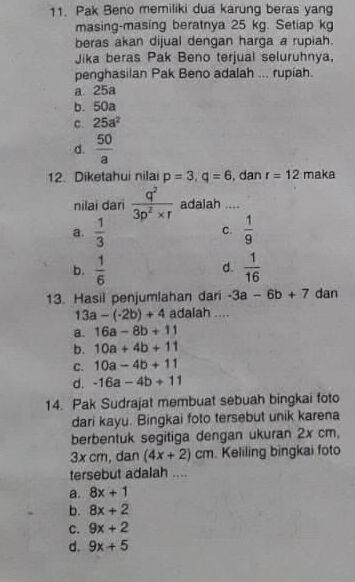 11. Pak Beno memiliki dua karung beras yang | StudyX