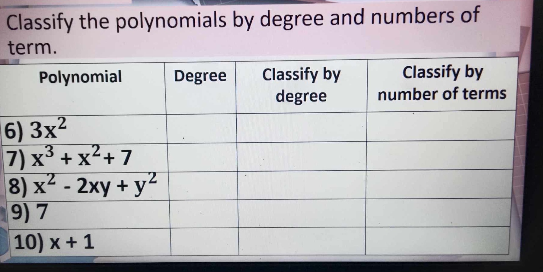 Classify the polynomials by degree and | StudyX