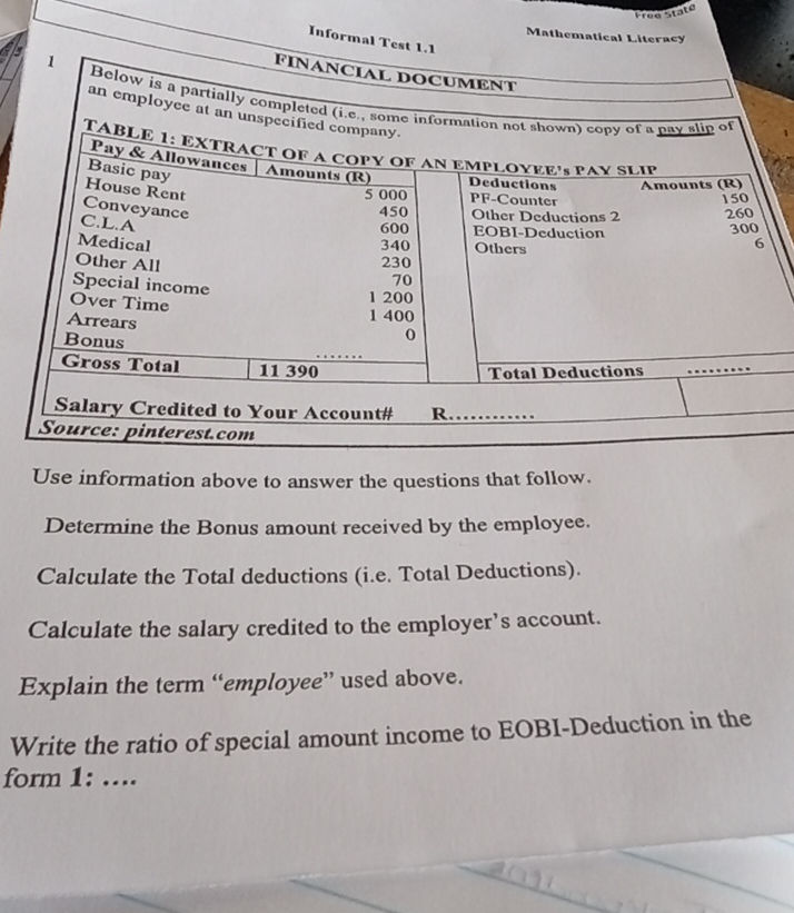 TABLE 1: EXTRACT OF A COPY OF AN EMPLOYEE'S | StudyX