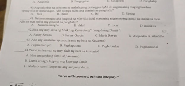 A Anaporik B Pangngalan C Kataporik D | StudyX
