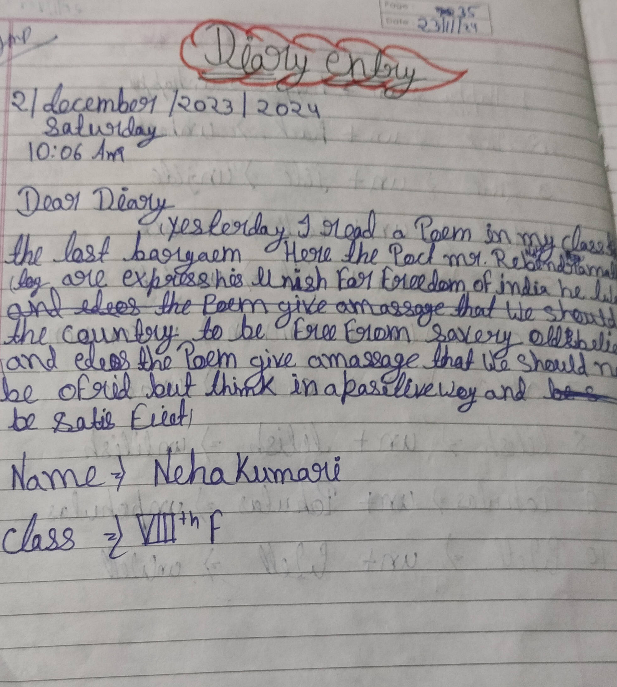 Dear Diary Yesterday I read a poem in my | StudyX