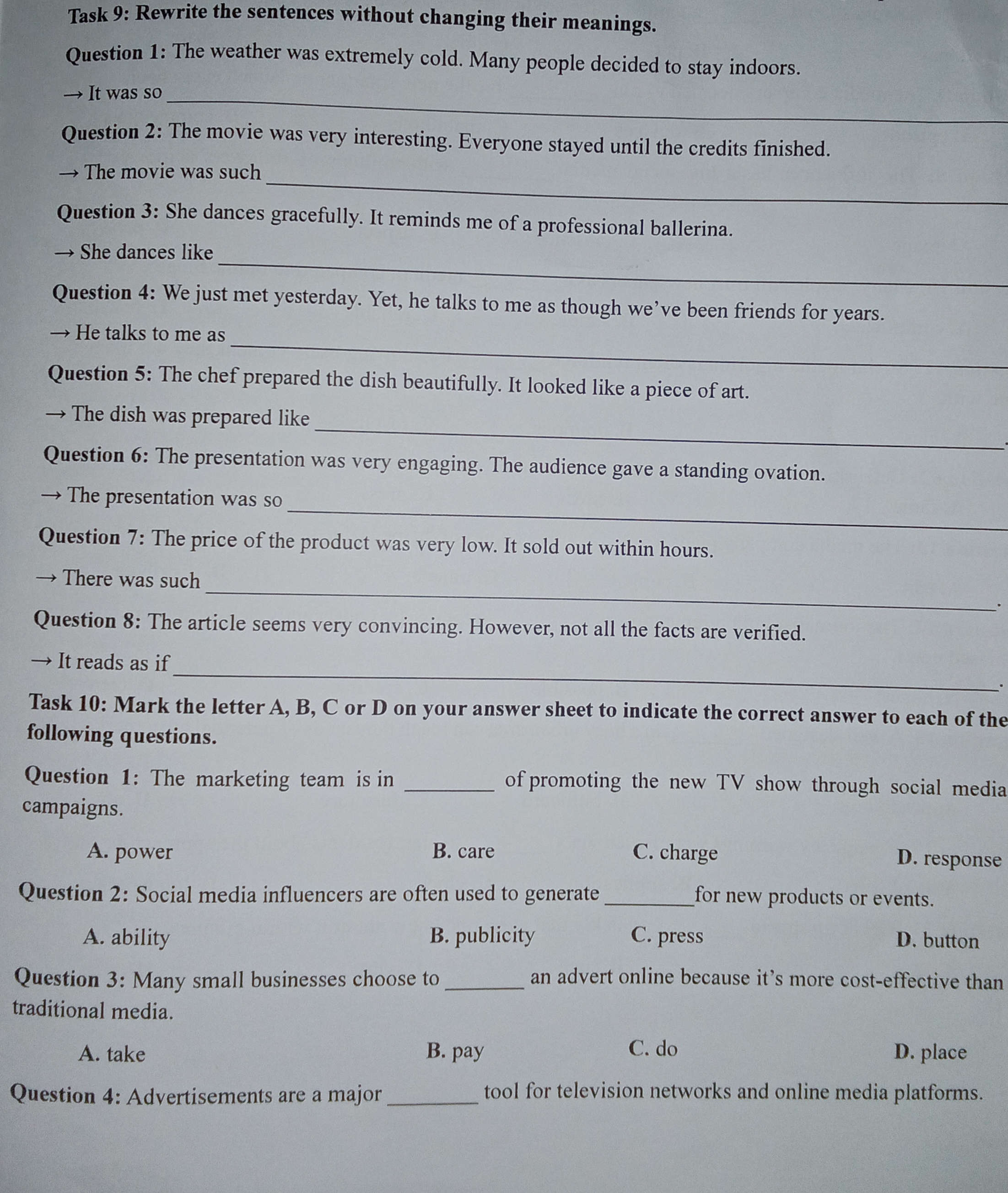 Task 9: Rewrite the sentences without | StudyX