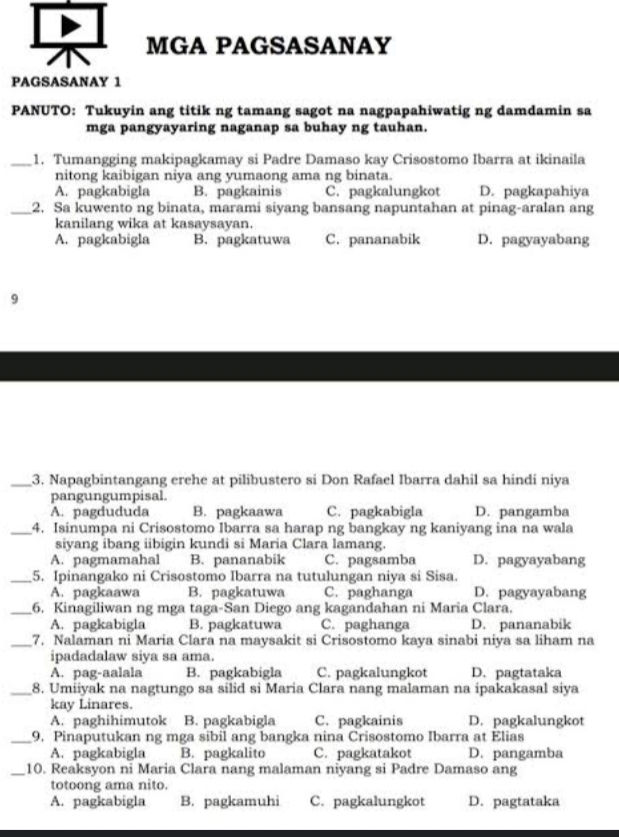 PAGSASANAY 1 MGA PAGSASANAY PANUTO: | StudyX