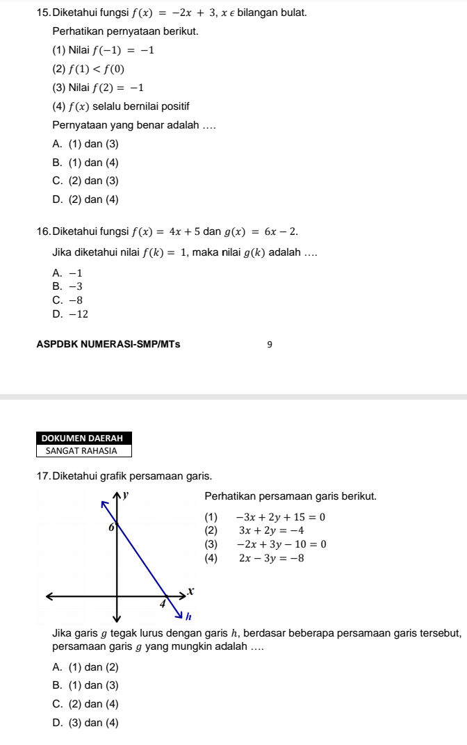 15 Diketahui fungsi f(x) = -2x + 3 x eq | StudyX