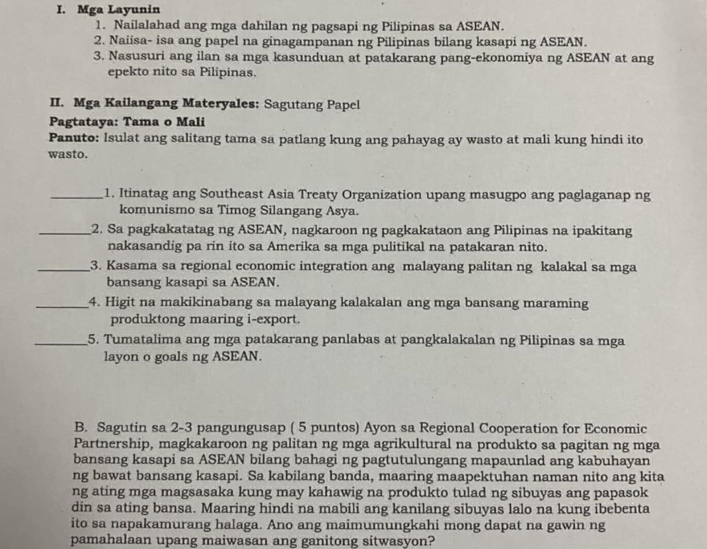 I. Mga Layunin 1. Nailalahad ang mga dahilan | StudyX
