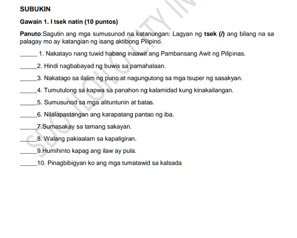 SUBUKIN Gawain 1 I tsek natin (10 puntos) | StudyX