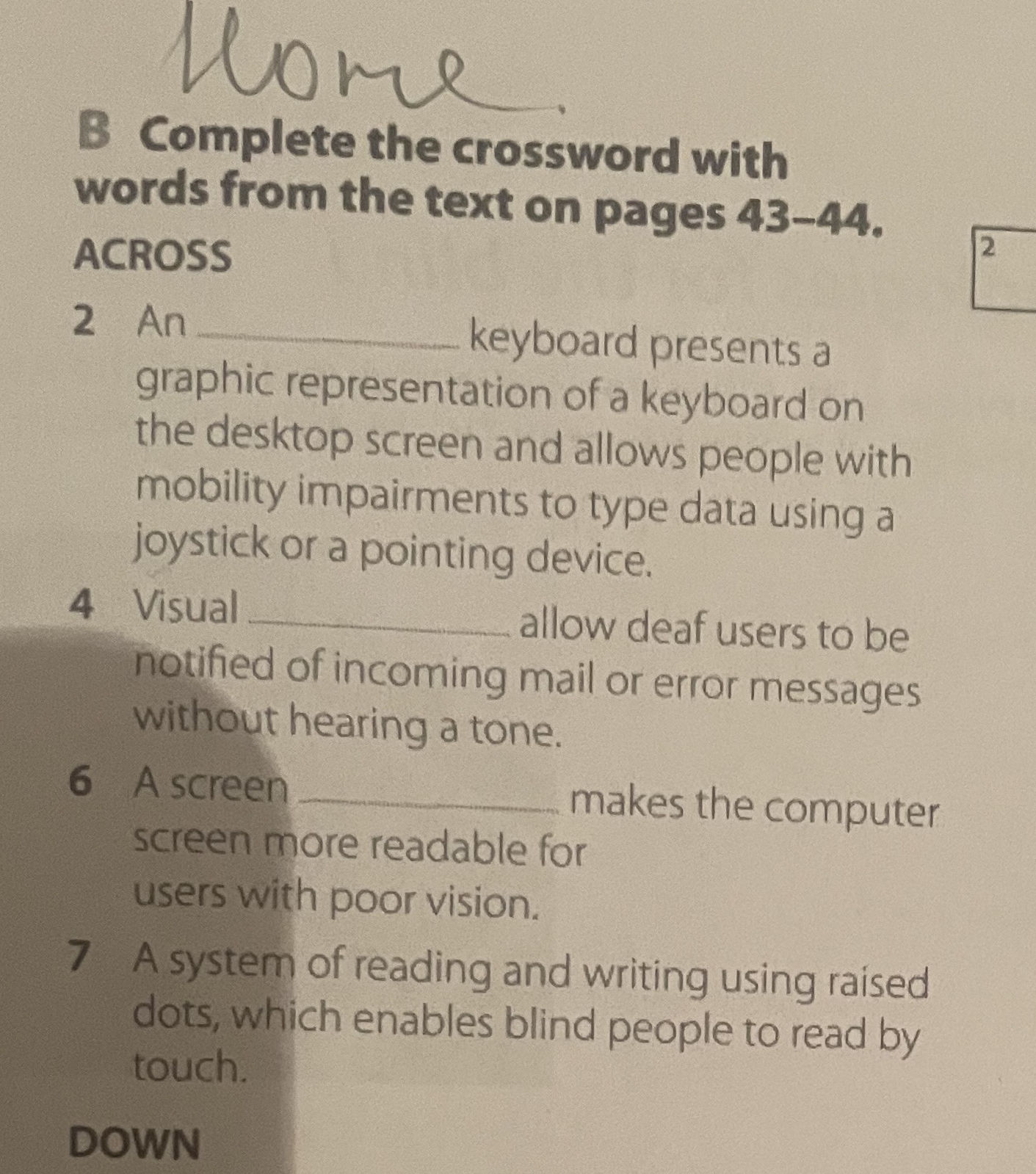 B Complete the crossword with words from the | StudyX