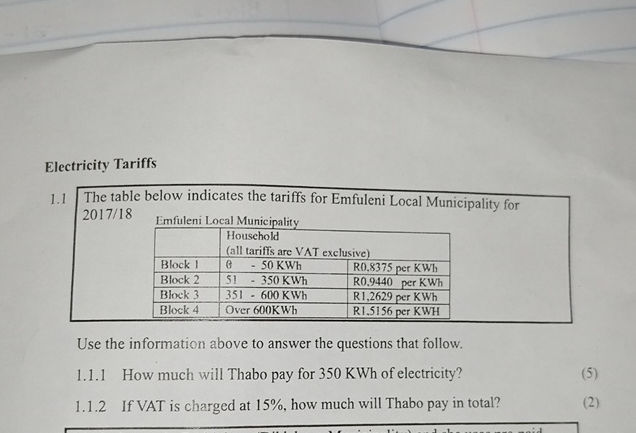 Electricity Tariffs 11 The table below | StudyX