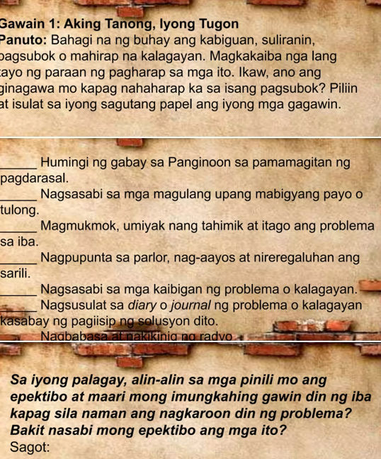 Gawain 1: Aking Tanong, iyong Tugon Panuto: | StudyX