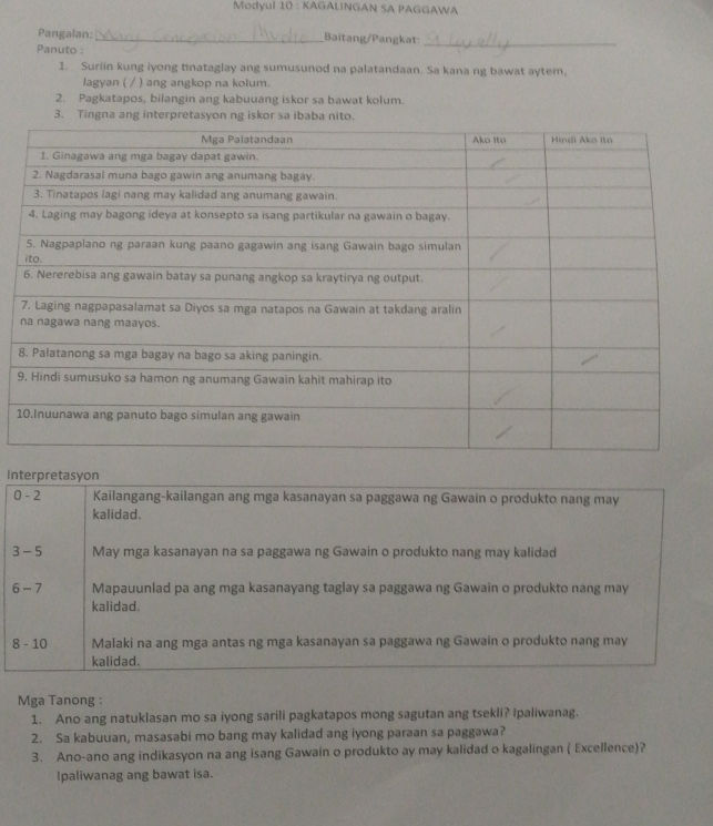 Modyul 10: KAGALINGAN SA PAGGAWA Panuto: | StudyX