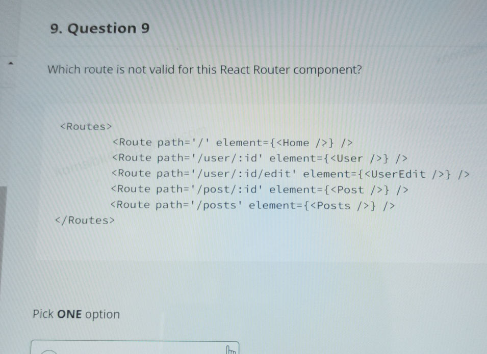 Which route is not valid for this React | StudyX