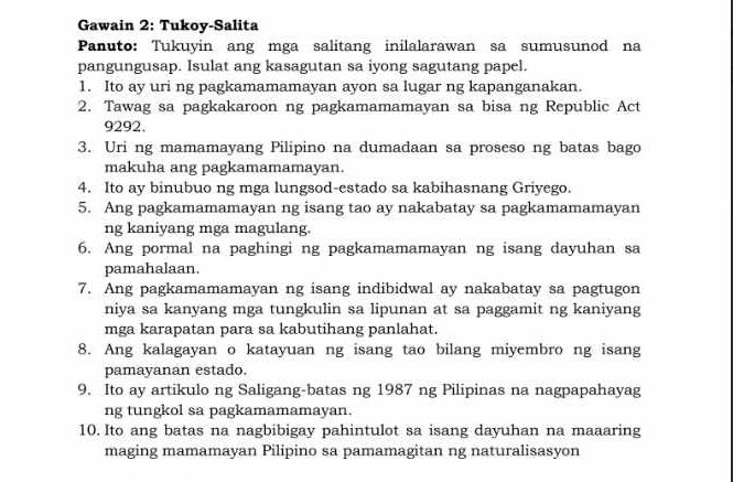 Gawain 2: Tukoy-Salita Panuto: Tukuyin ang | StudyX