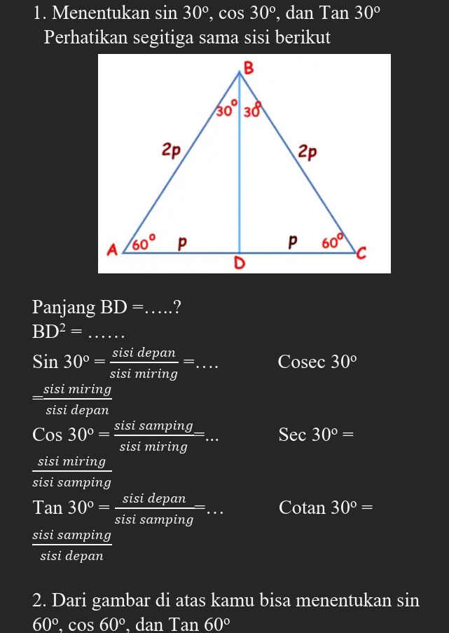 1 Menentukan sin 30 cos 30 dan Tan 30 | StudyX