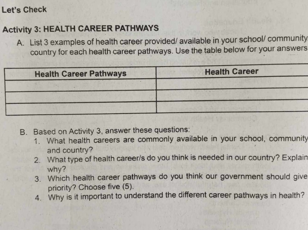 Activity 3: HEALTH CAREER PATHWAYS A. List 3 | StudyX