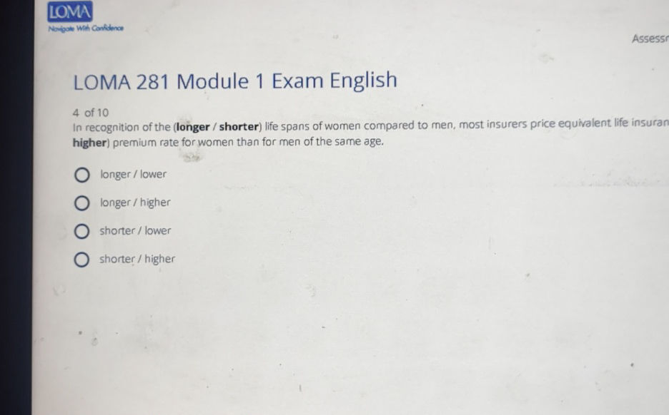 LOMA 281 Module 1 Exam English 4 of 10 In