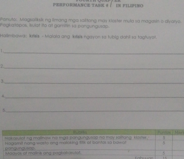 Panuto Magsaliksik ng limang mga salitang | StudyX