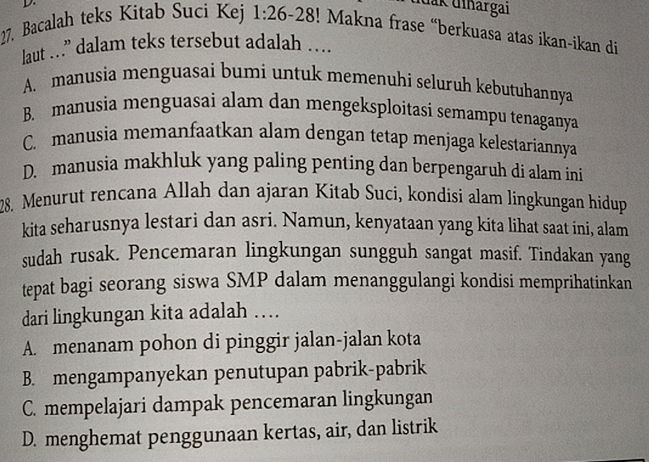 27. Bacalah teks Kitab Suci Kej 1:26-28! | StudyX