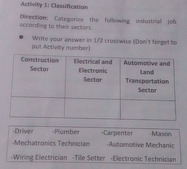 Activity 1 Classification Direction | StudyX