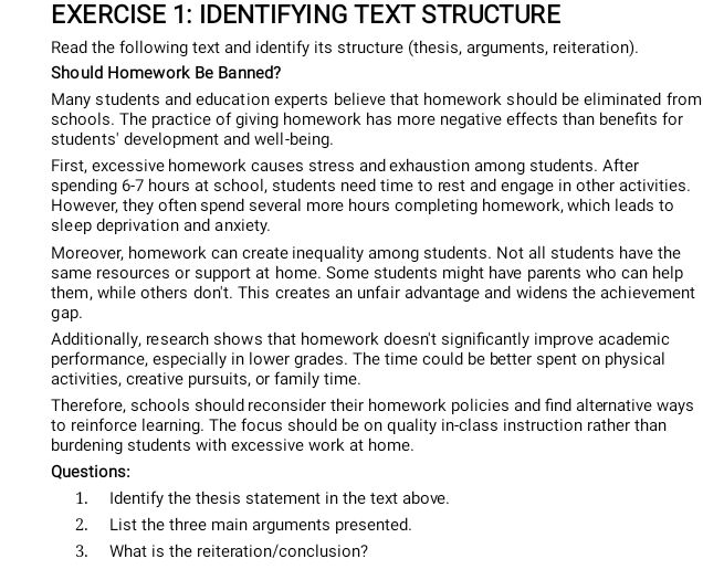 EXERCISE 1 IDENTIFYING TEXT STRUCTURE Read | StudyX