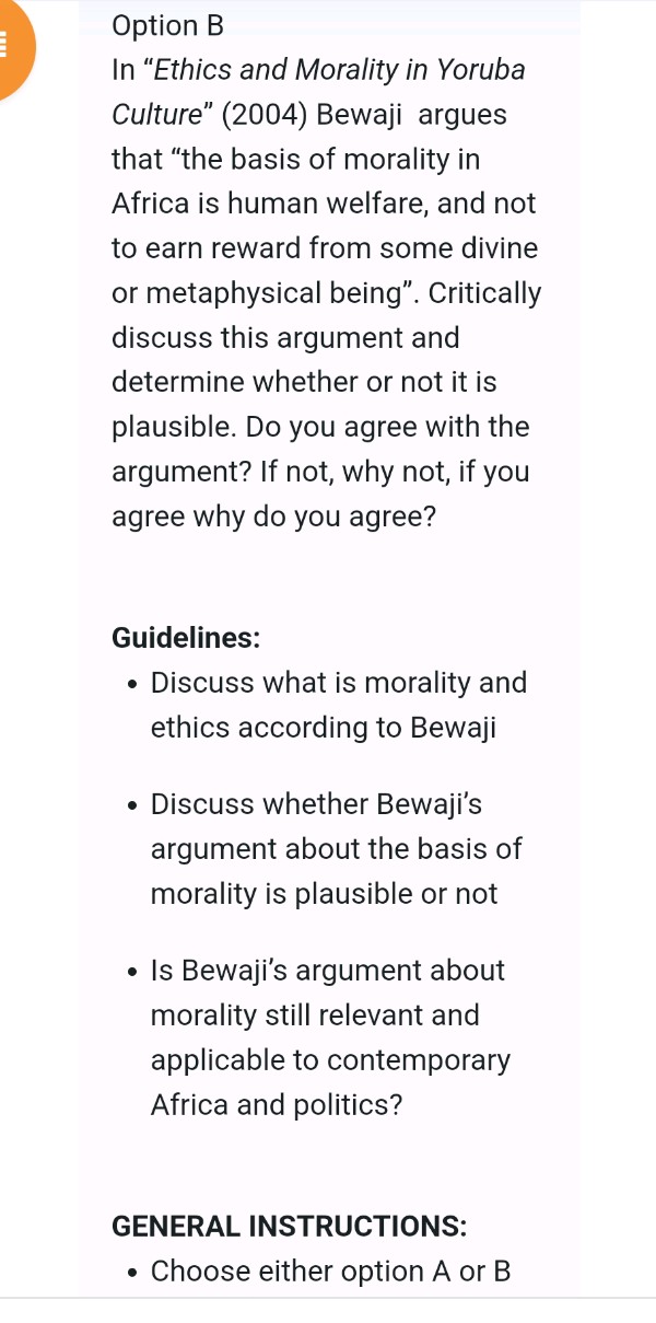 Option B In "Ethics and Morality in Yoruba | StudyX