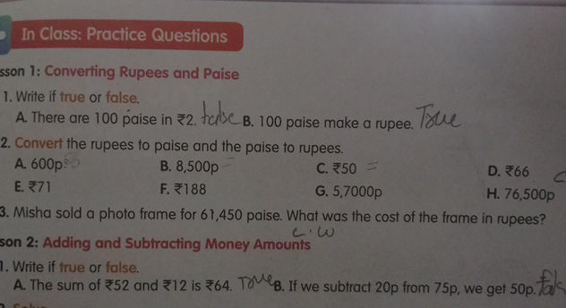Lesson 1 Converting Rupees and Paise 1 Write | StudyX