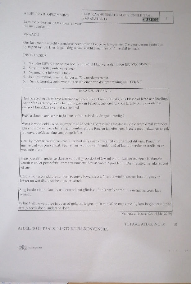 AFDELING B OPSOMMING Lees die onderstaande