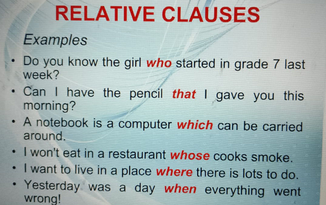 RELATIVE CLAUSES Examples Do you know the | StudyX