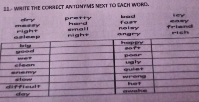 11- WRITE THE CORRECT ANTONYMS NEXT TO EACH | StudyX