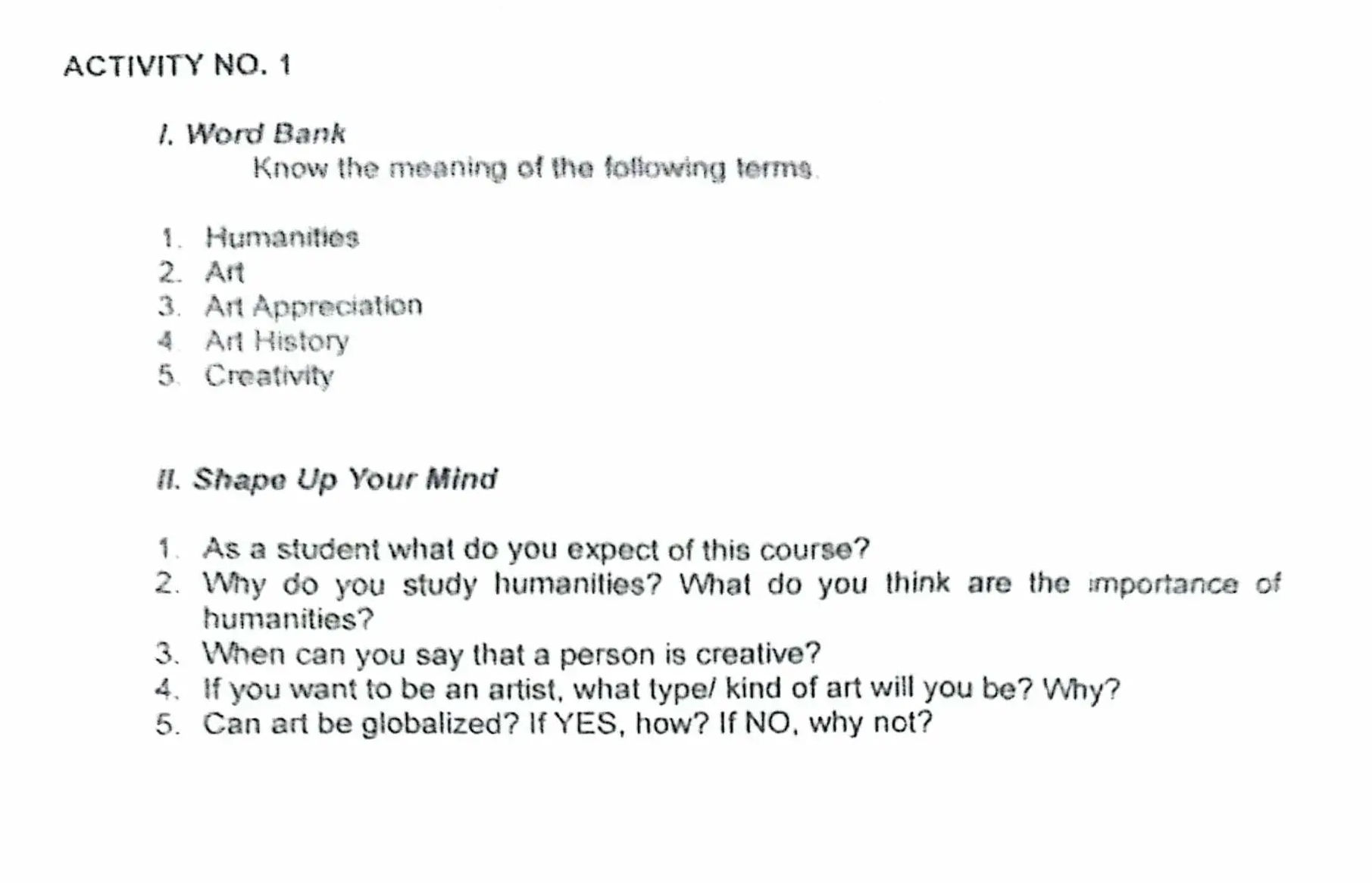 ACTIVITY NO 1 I Word Bank Know the meaning | StudyX