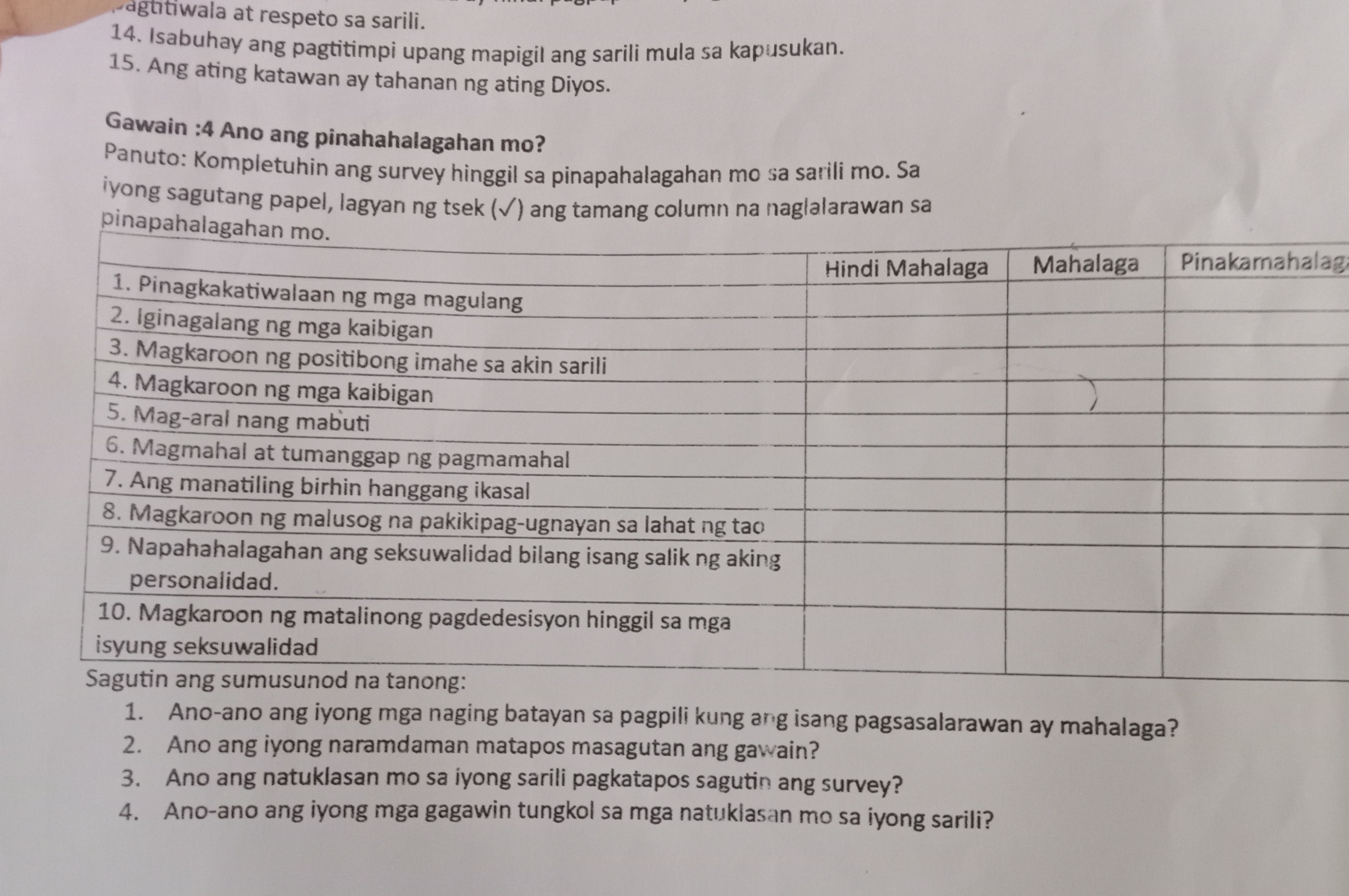 Gawain :4 Ano ang pinahahalagahan mo? | StudyX