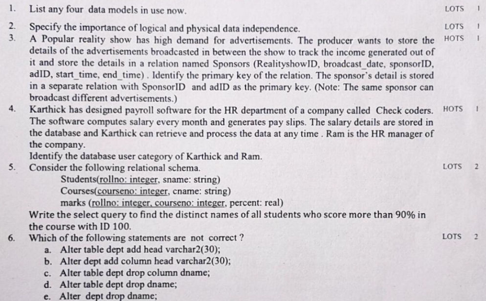 1 List any four data models in use now 2 | StudyX