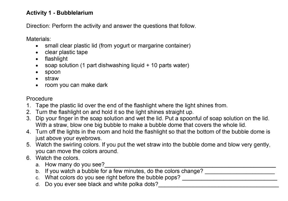 Activity 1 - Bubblelarium Direction Perform | StudyX