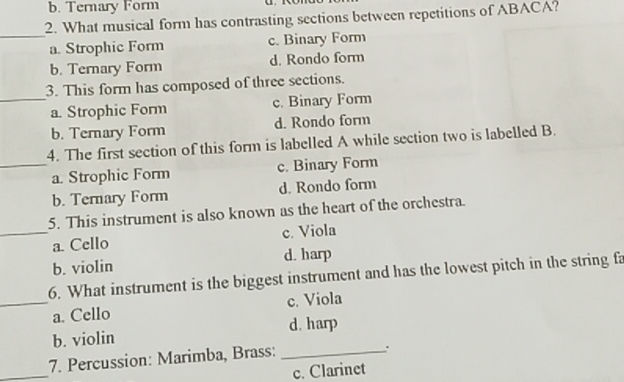 b Ternary Form 2 What musical form has | StudyX