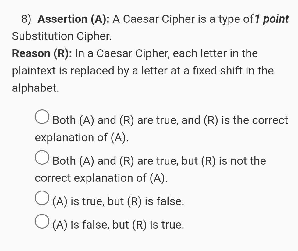 Assertion (A): A Caesar Cipher is a type of | StudyX