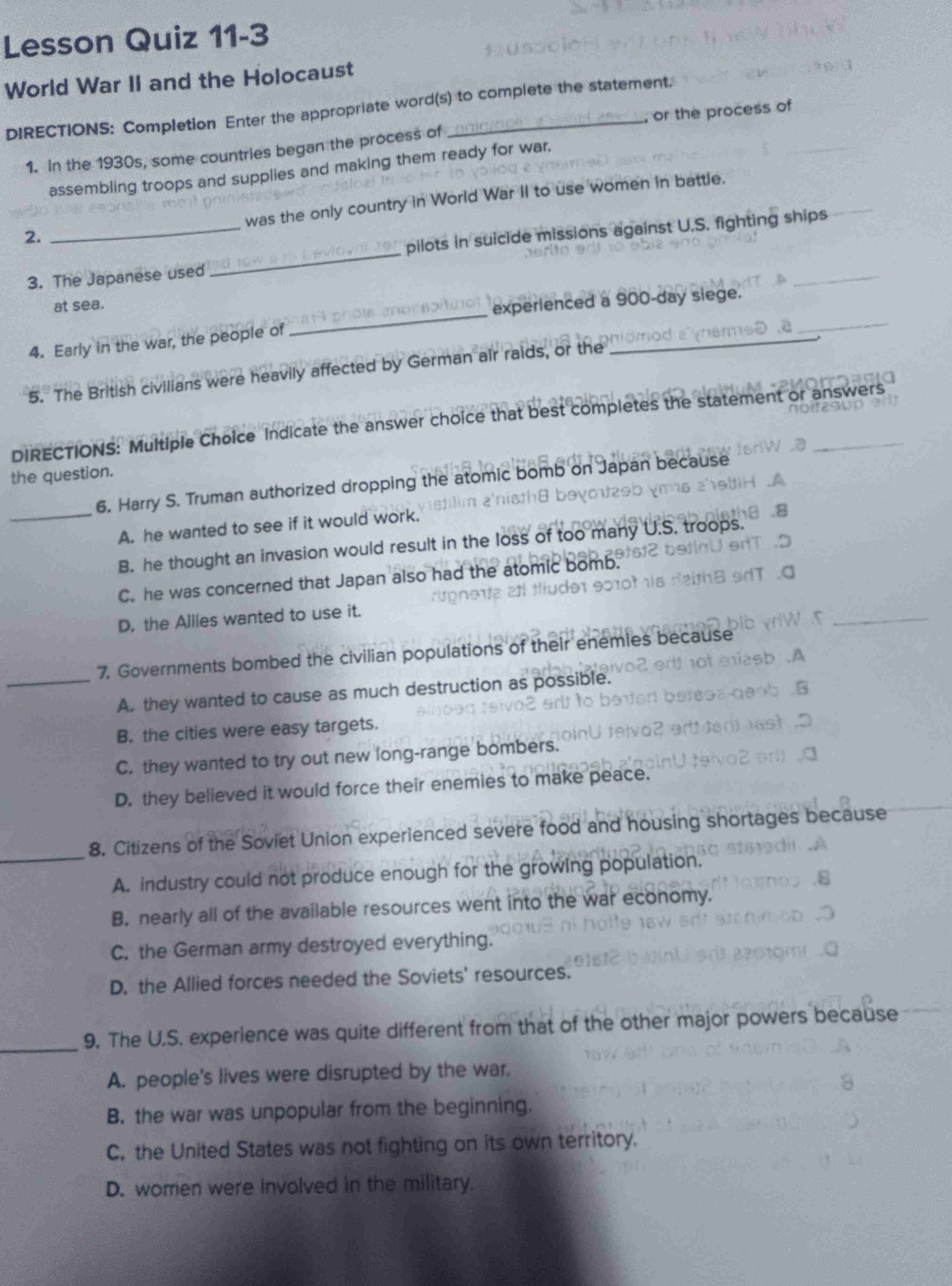 1. In the 1930s, some countries began the | StudyX