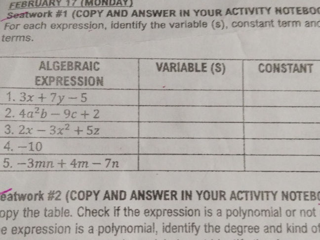 For each expression identify the variable(s) | StudyX
