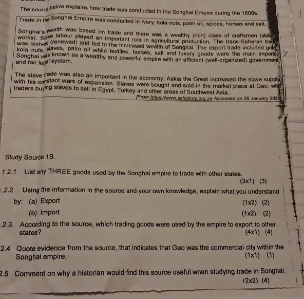 121 List any THREE goods used by the Songhai | StudyX