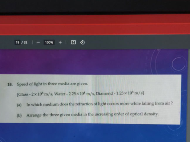 Speed of light in three media are given.
